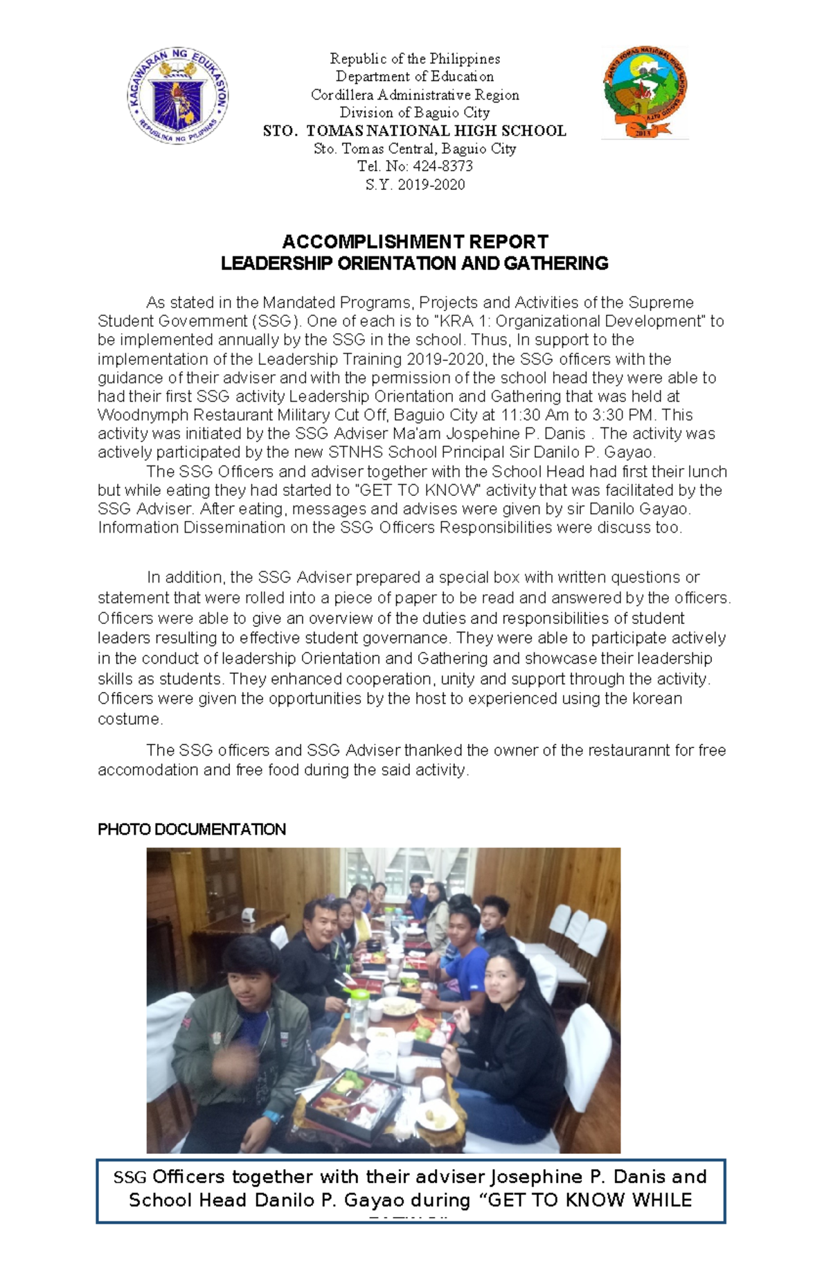 SSG Leadership Orientation Gathering Accomplishment Report 2023 - Studocu