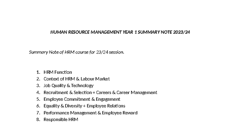 HRM 1st Year Summary Notes: Key Concepts & Functions - Studocu