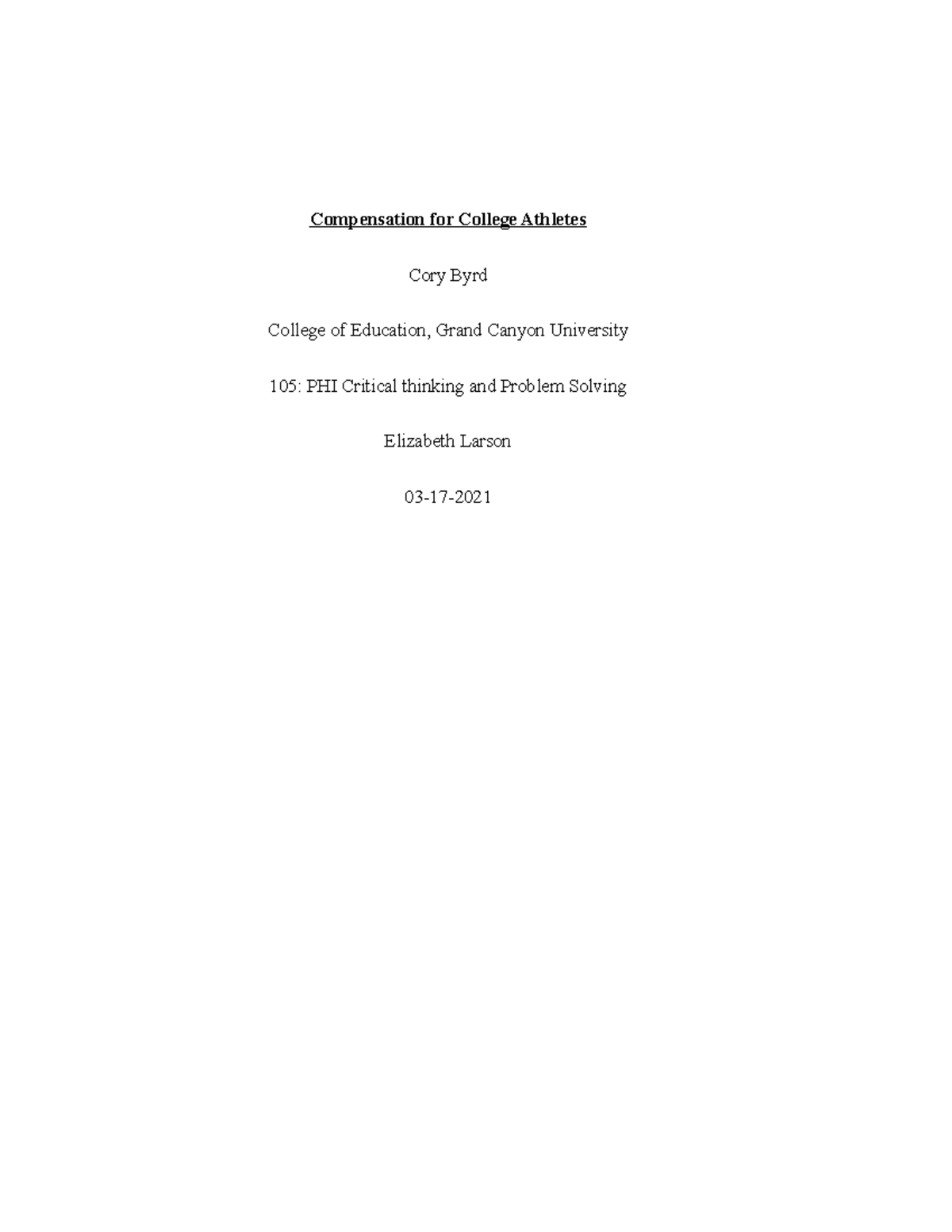 PHI 105: Essay on the Necessity of Paying College Athletes - Studocu