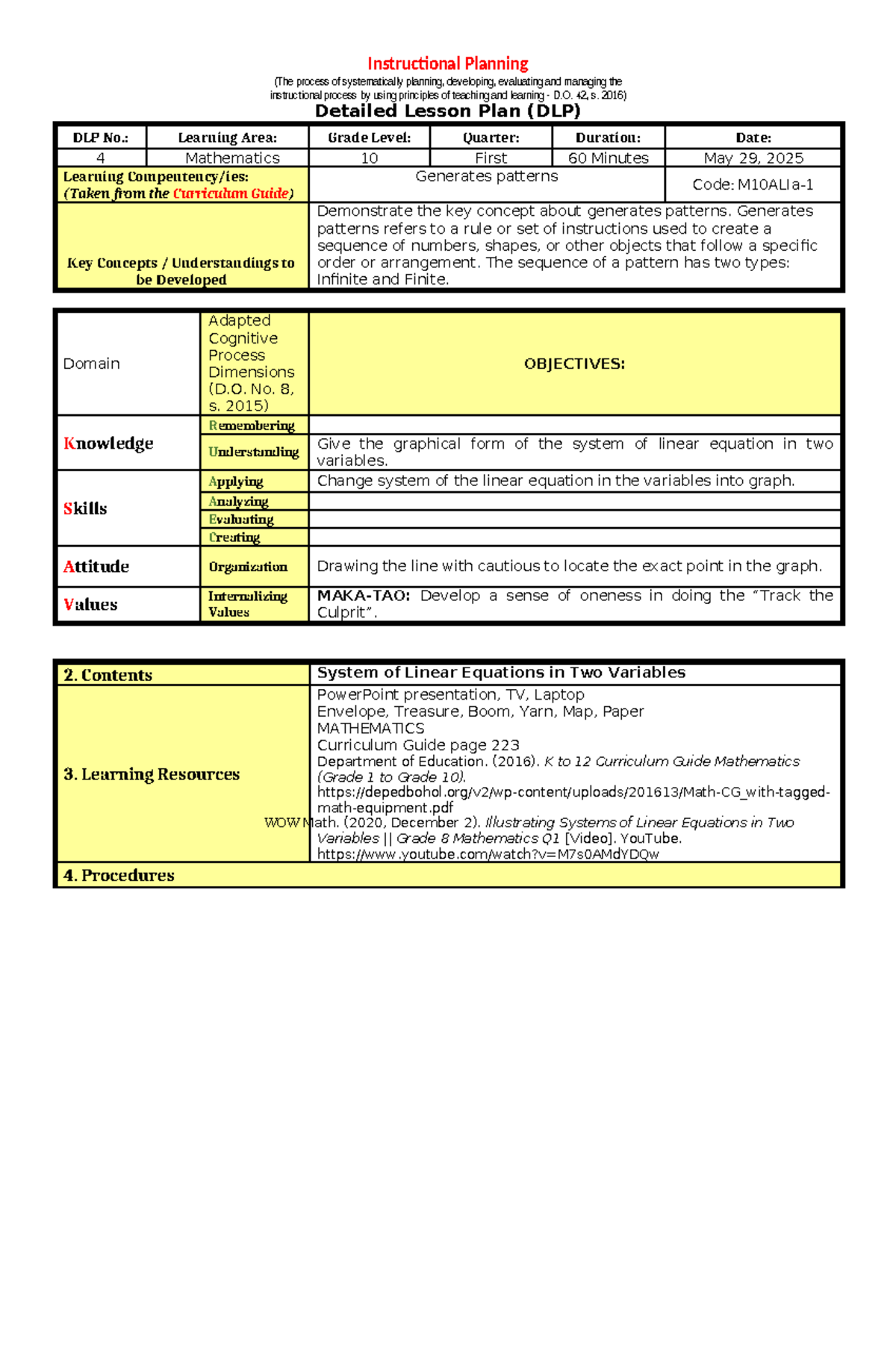 Grade 8 Mathematics DLP: Generating Patterns in Linear Equations - Studocu