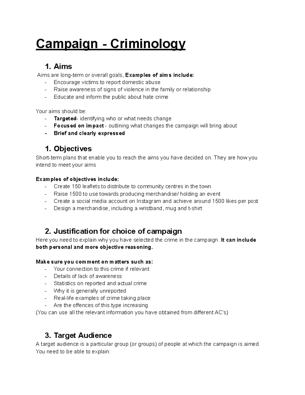 Campaign Plan for Criminology: Aims, Objectives, and Methods - Studocu