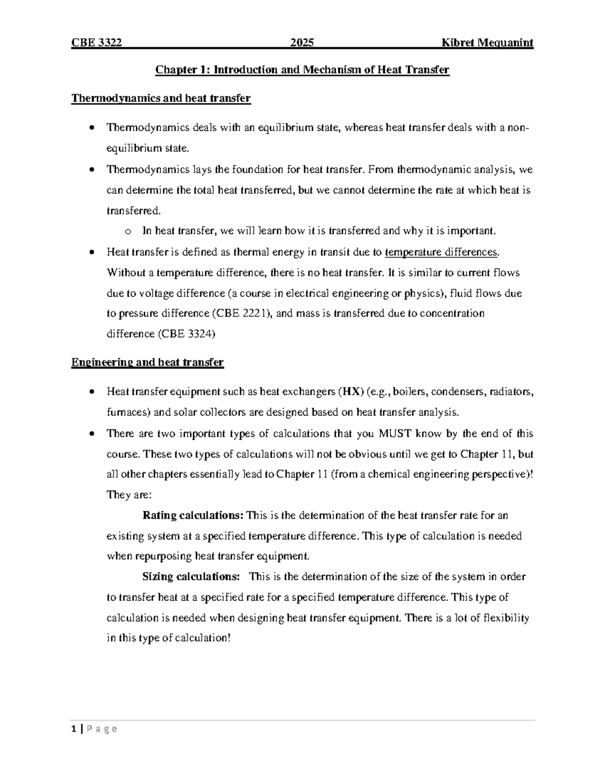 CBE 3322 2025 Kibret Mequanint Heat Transfer: Chapters 1-3 Overview ...