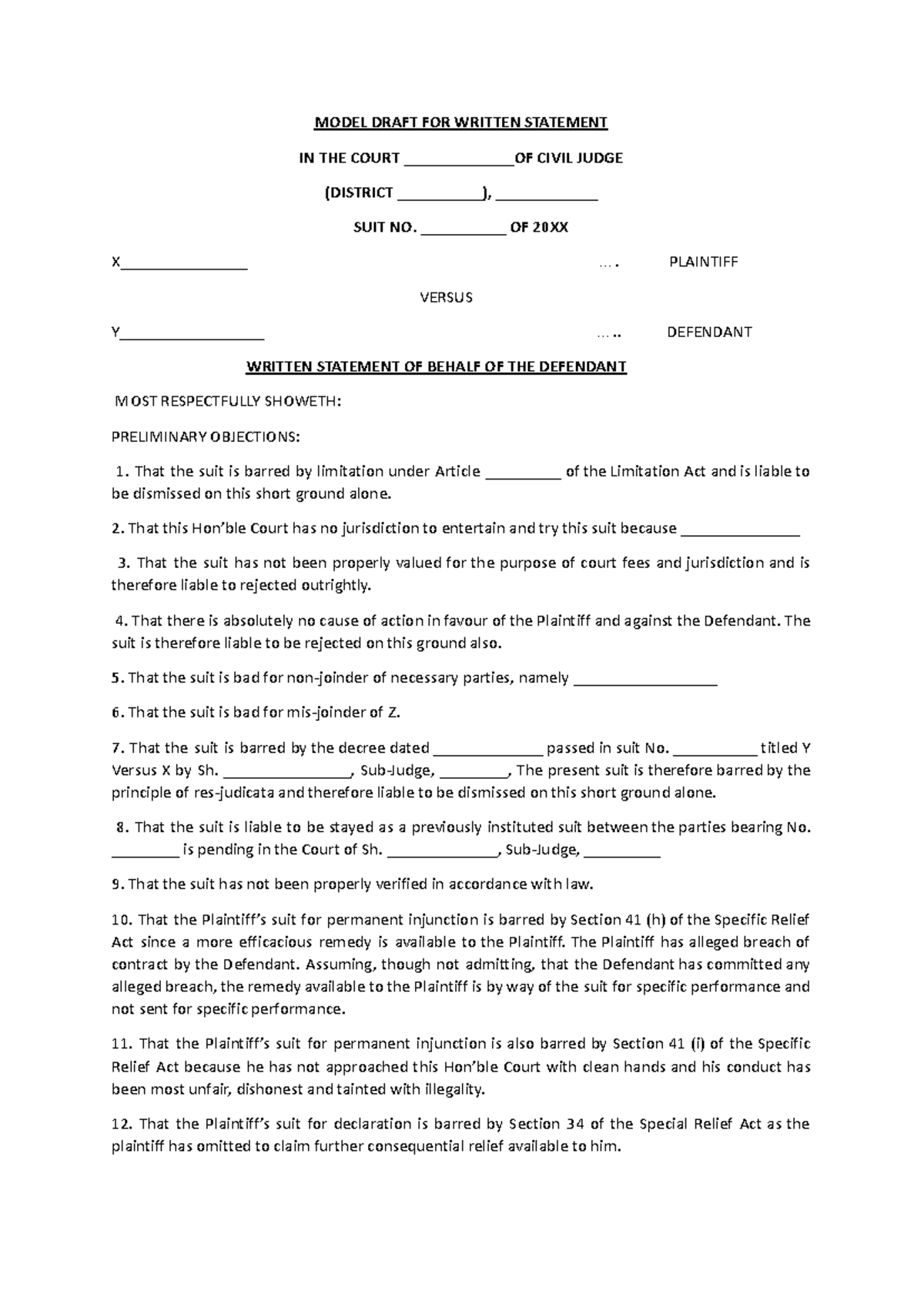 Model Draft: Written Statement for Civil Suit No. _____ of 20XX - Studocu