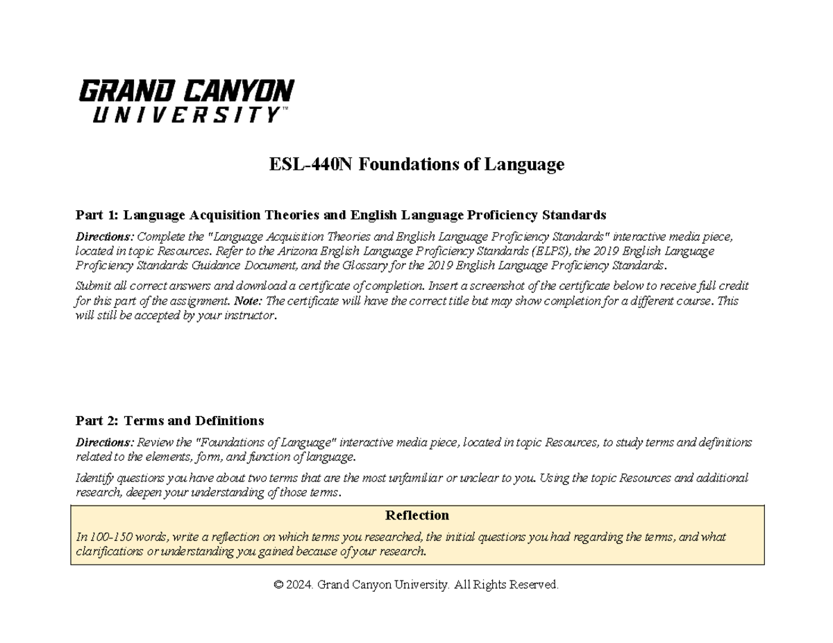 ESL-440N-RS-T4: Language Acquisition Theories & EL Proficiency Standards - Studocu