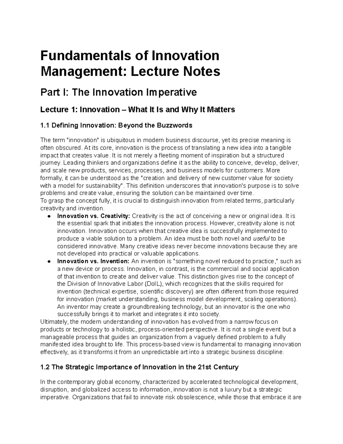Creating 40-Page Innovation Management Lecture Notes (IM 101) - Studocu