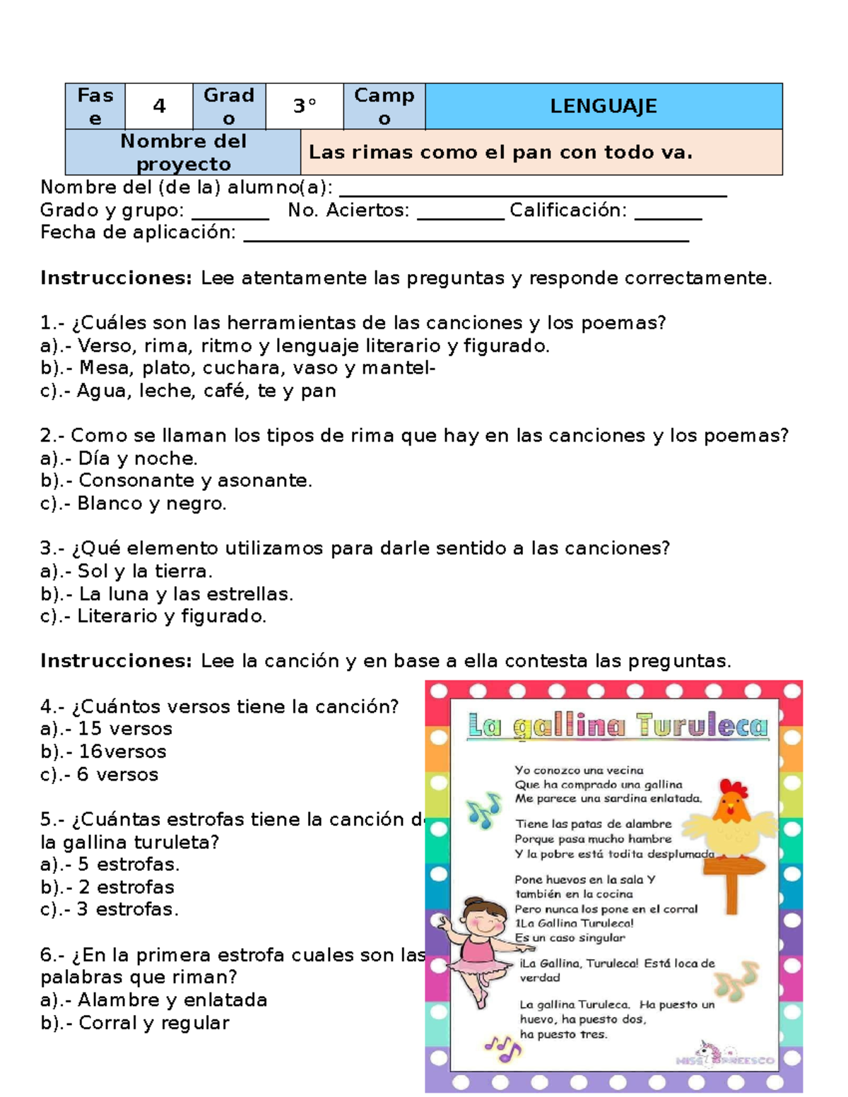 Examen de Lengua 3°: La Rima en Canciones y Poemas - Studocu