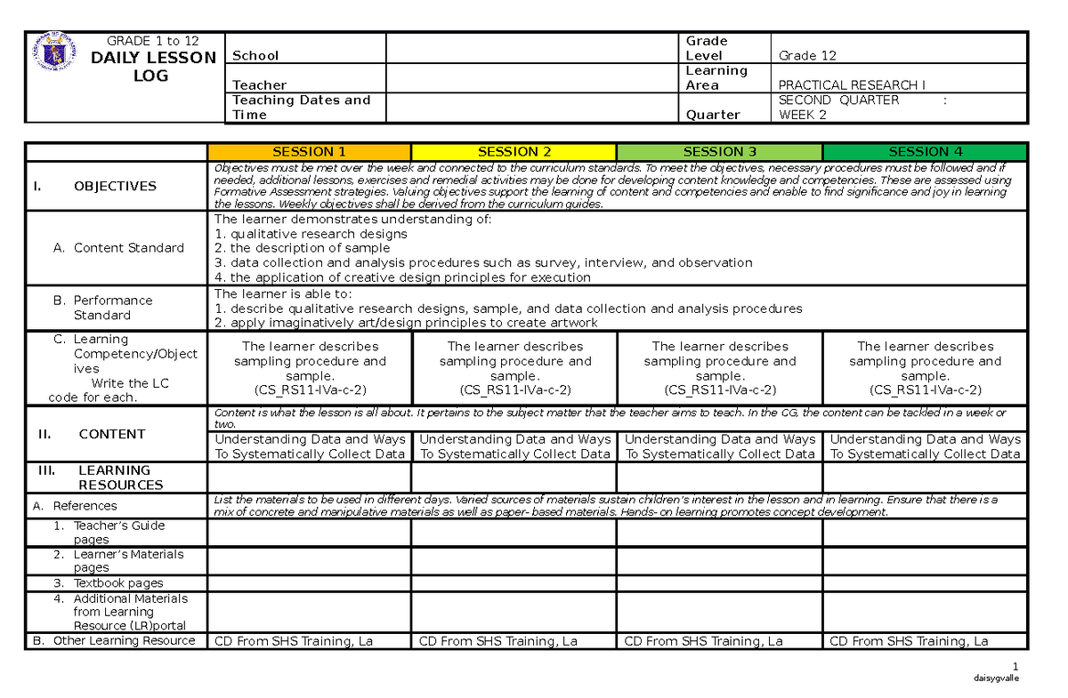 2 - Practical Research - GRADE 1 to 12 DAILY LESSON LOG School Grade ...