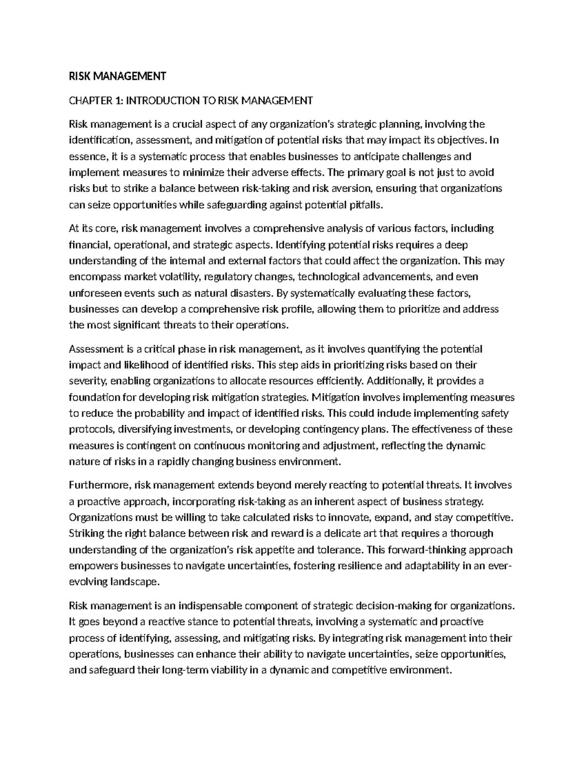 RISK MANAGEMENT CHAPTER 1: INTRODUCTION TO RISK MANAGEMENT - Studocu
