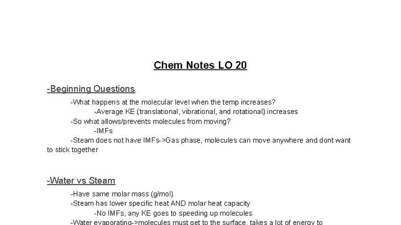 Chemistry Notes on Thermal Energy & Phase Changes (LO 20) - Studocu