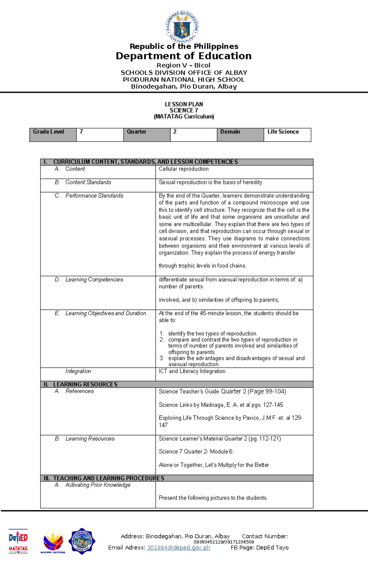 Matatag Curriculum DLP Template for Science 7: Cellular Reproduction ...