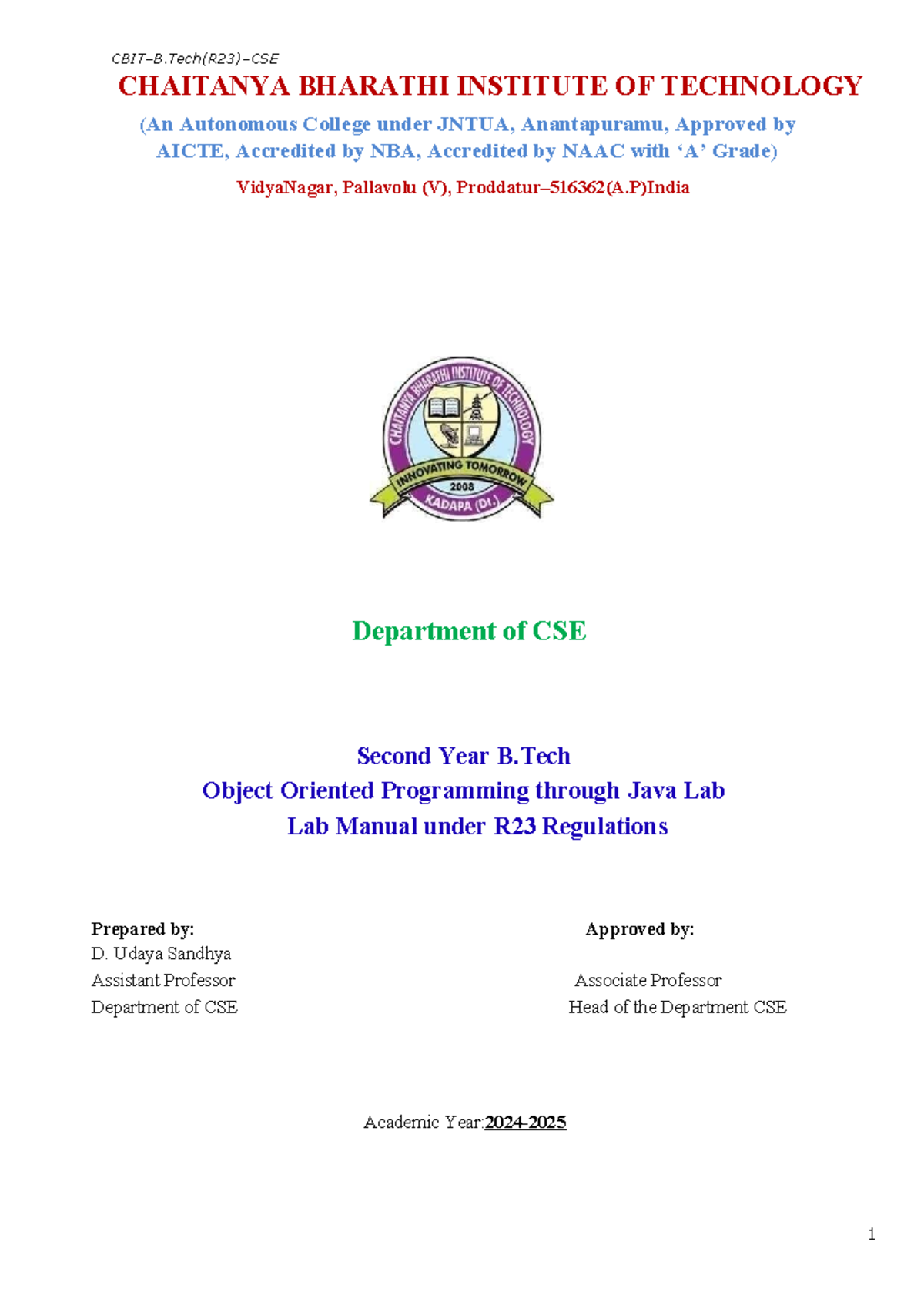 Java Lab Manual for OOP - CBIT B.Tech (R23) CSE - Studocu