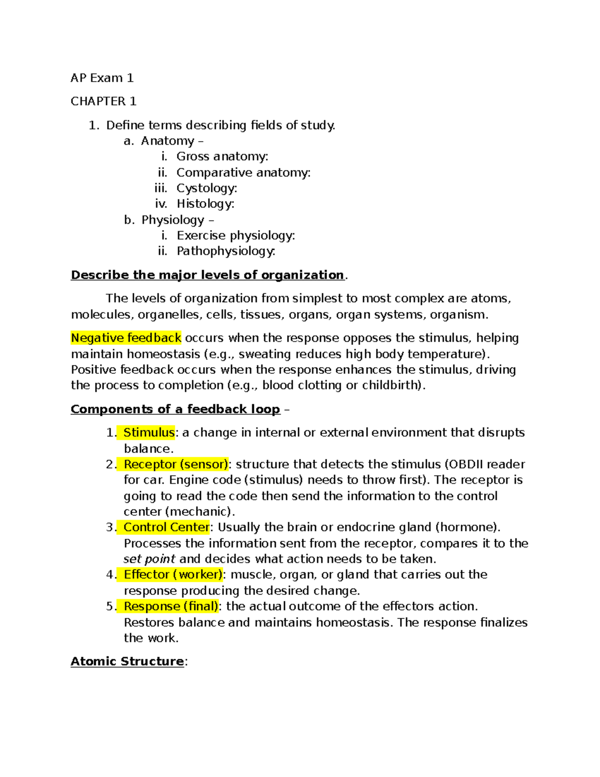 AP Exam 1 Study Notes: Anatomy & Physiology Overview - Studocu