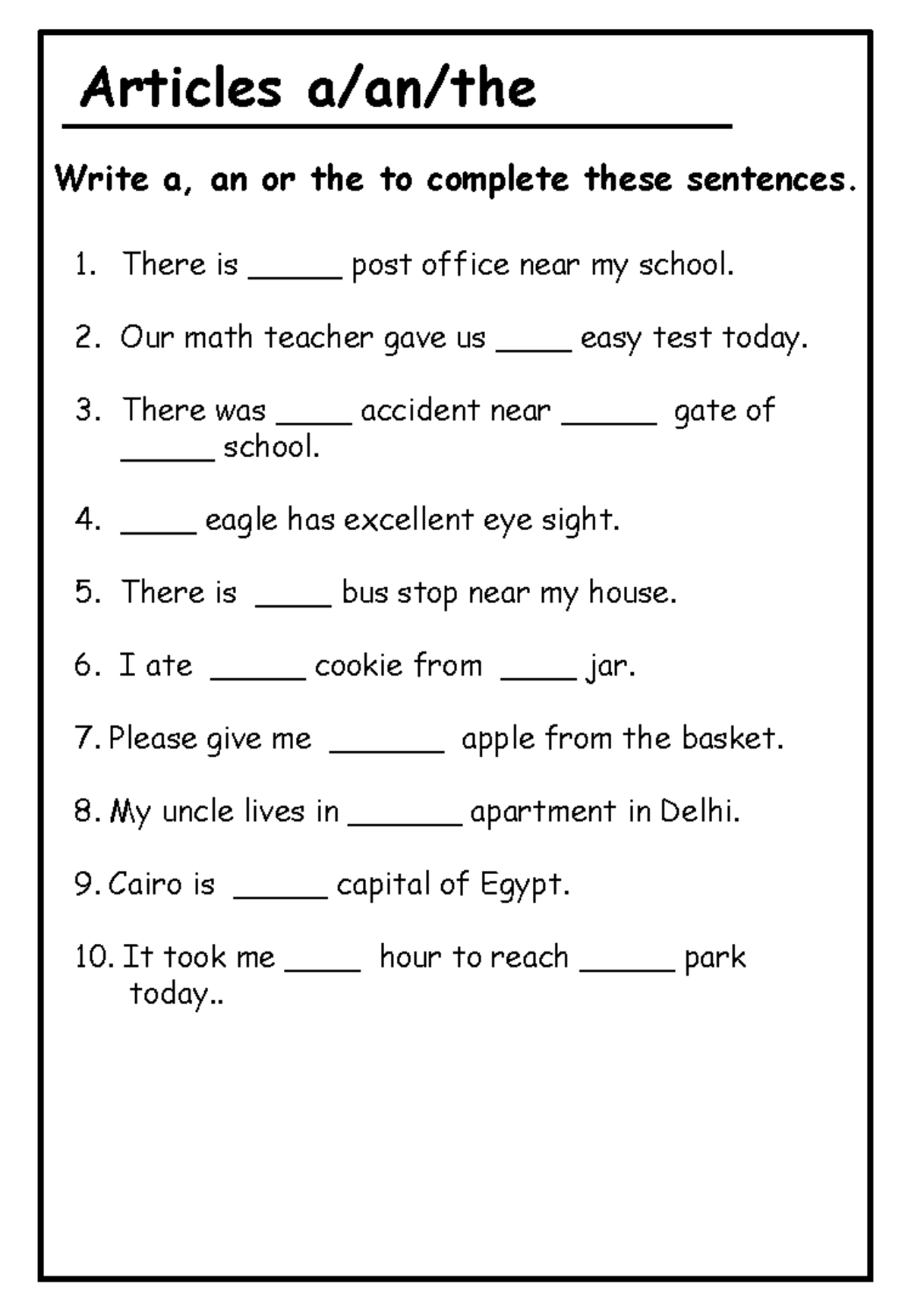 Grade 2 Articles Worksheet: Using a, an, and the for Nouns - Studocu