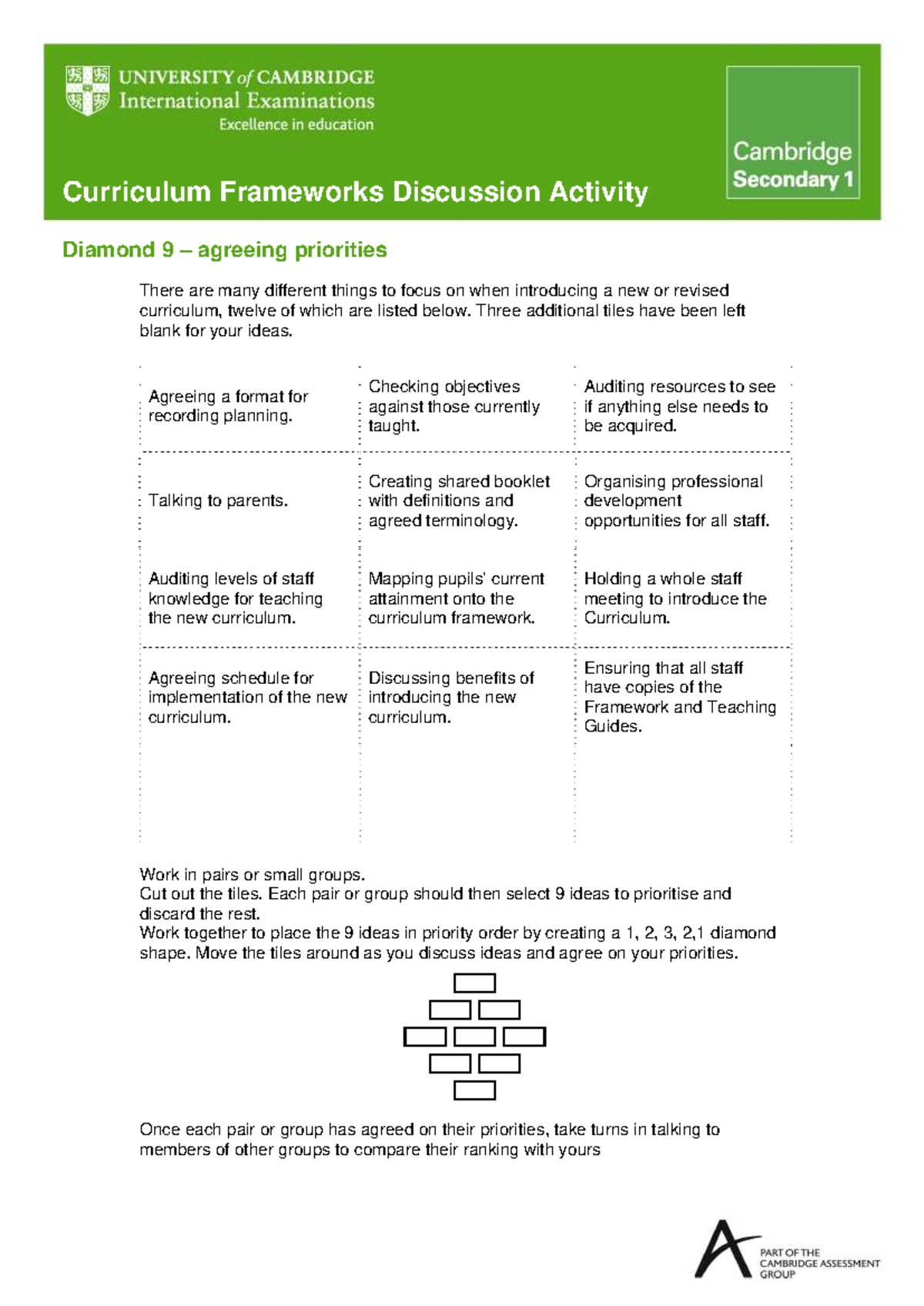 Curriculum Frameworks Discussion Activity: Diamond 9 Priorities - Studocu