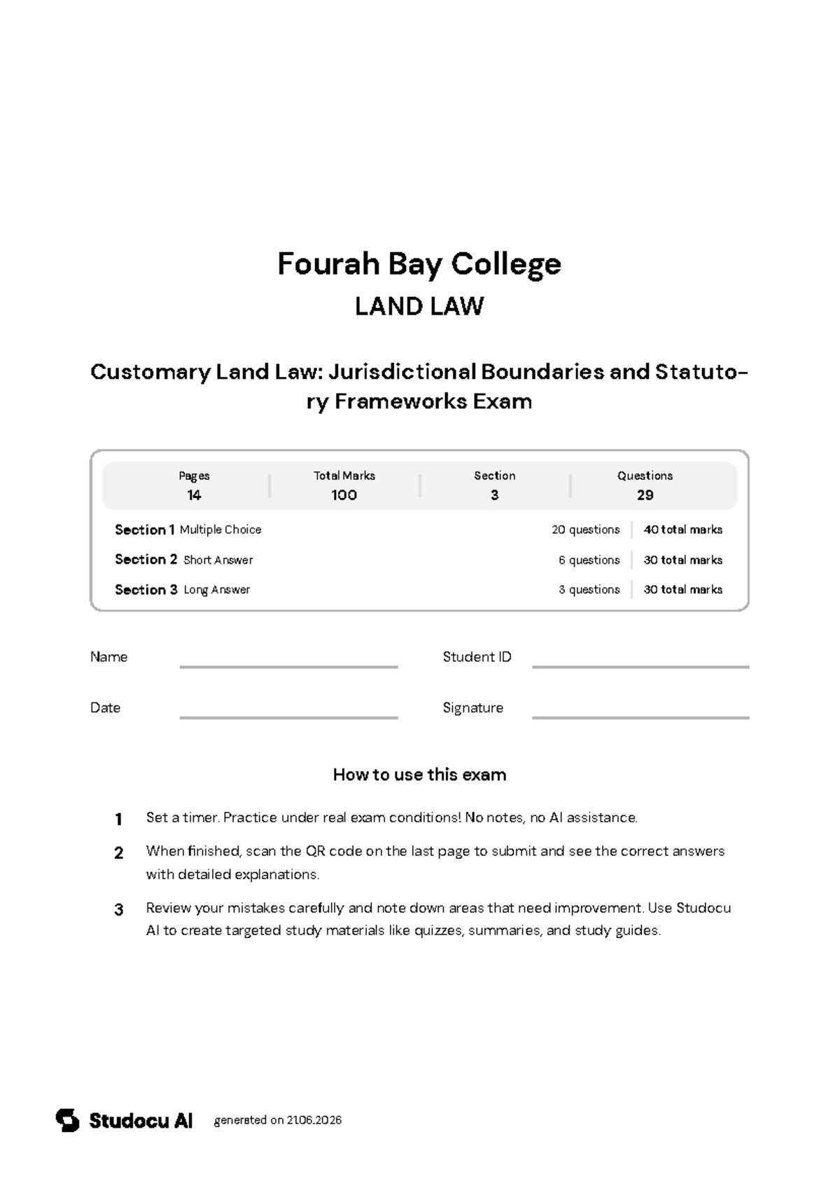 Customary Land Law Exam: Jurisdictional Frameworks - Studocu
