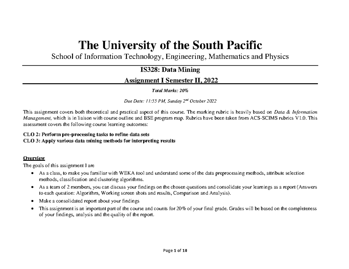 IS328 Assignment I Data Mining Overview and Guidelines - SII 2022 - Studocu