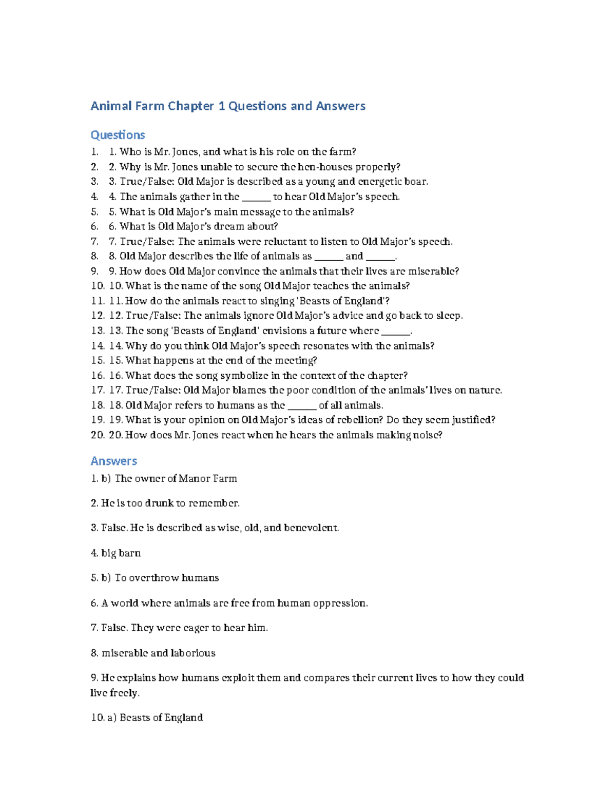 Animal Farm Chapter 1 Questions Proper - Animal Farm Chapter 1 ...