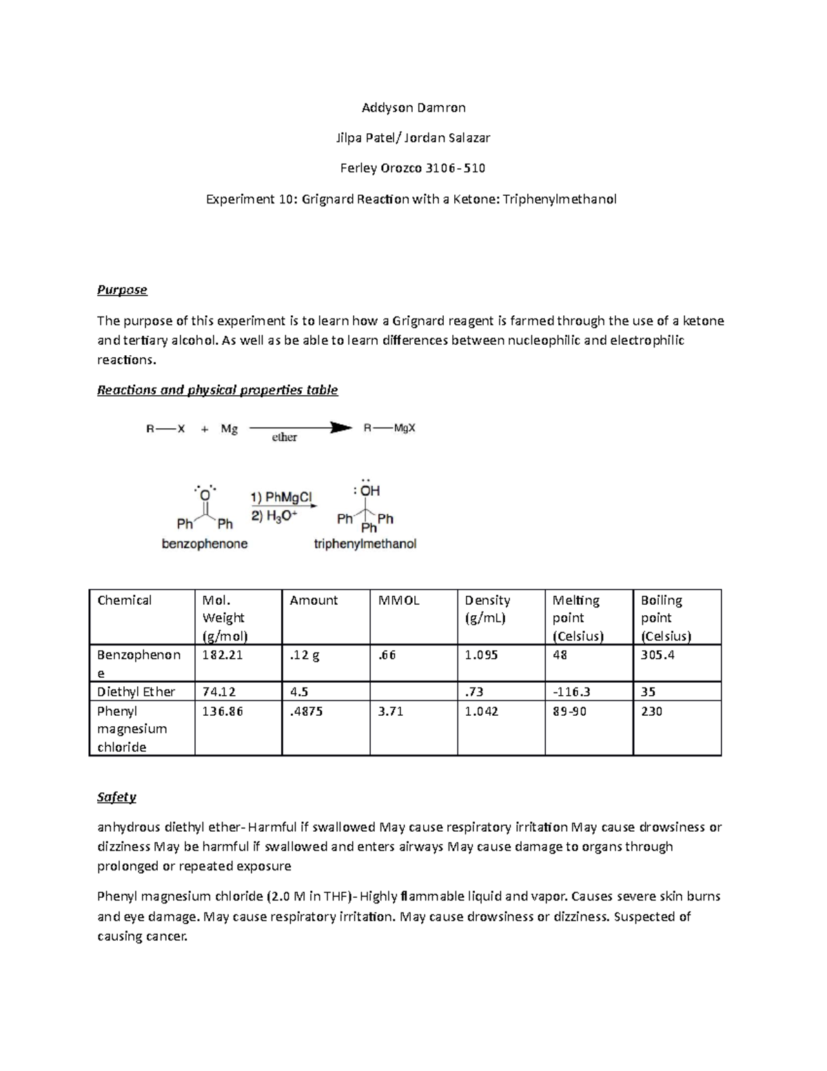 Lab 10 ochem 2 - Lab report - Addyson Damron Jilpa Patel/ Jordan ...