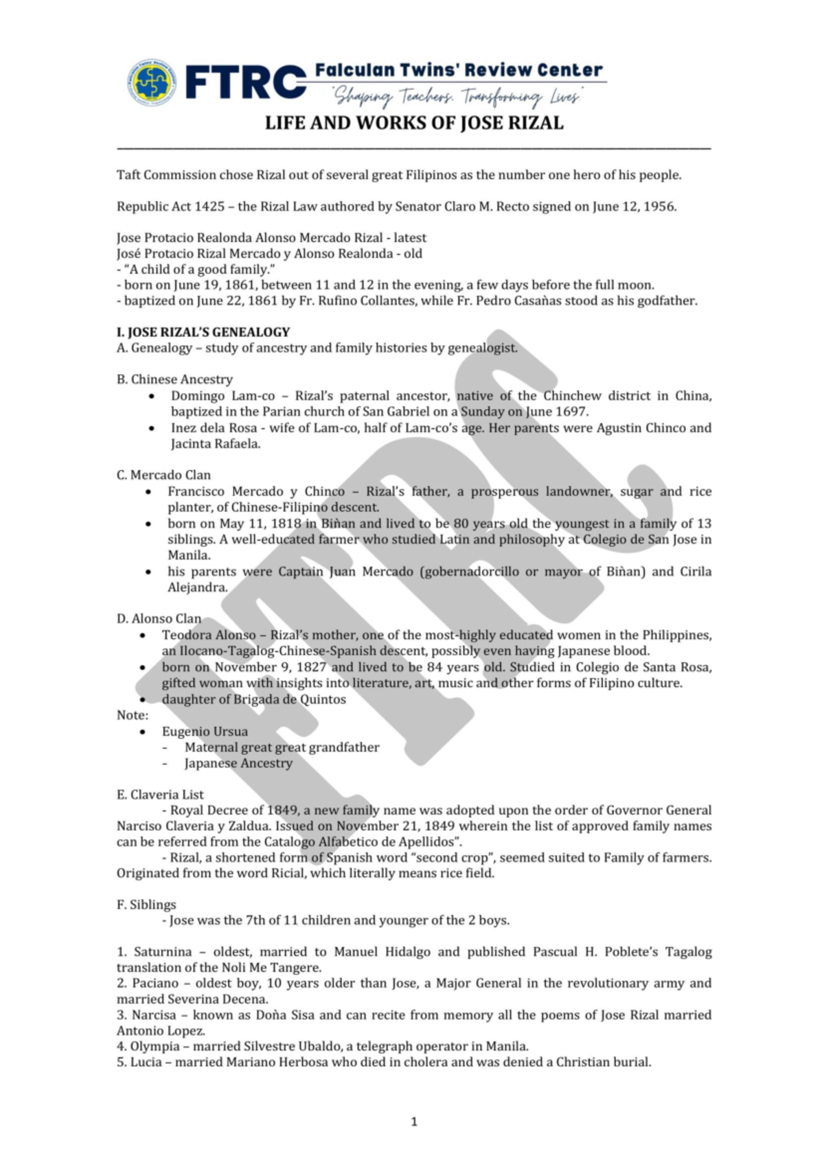 LIFE AND WORKS OF JOSE RIZAL: FTRC Review Notes - Studocu