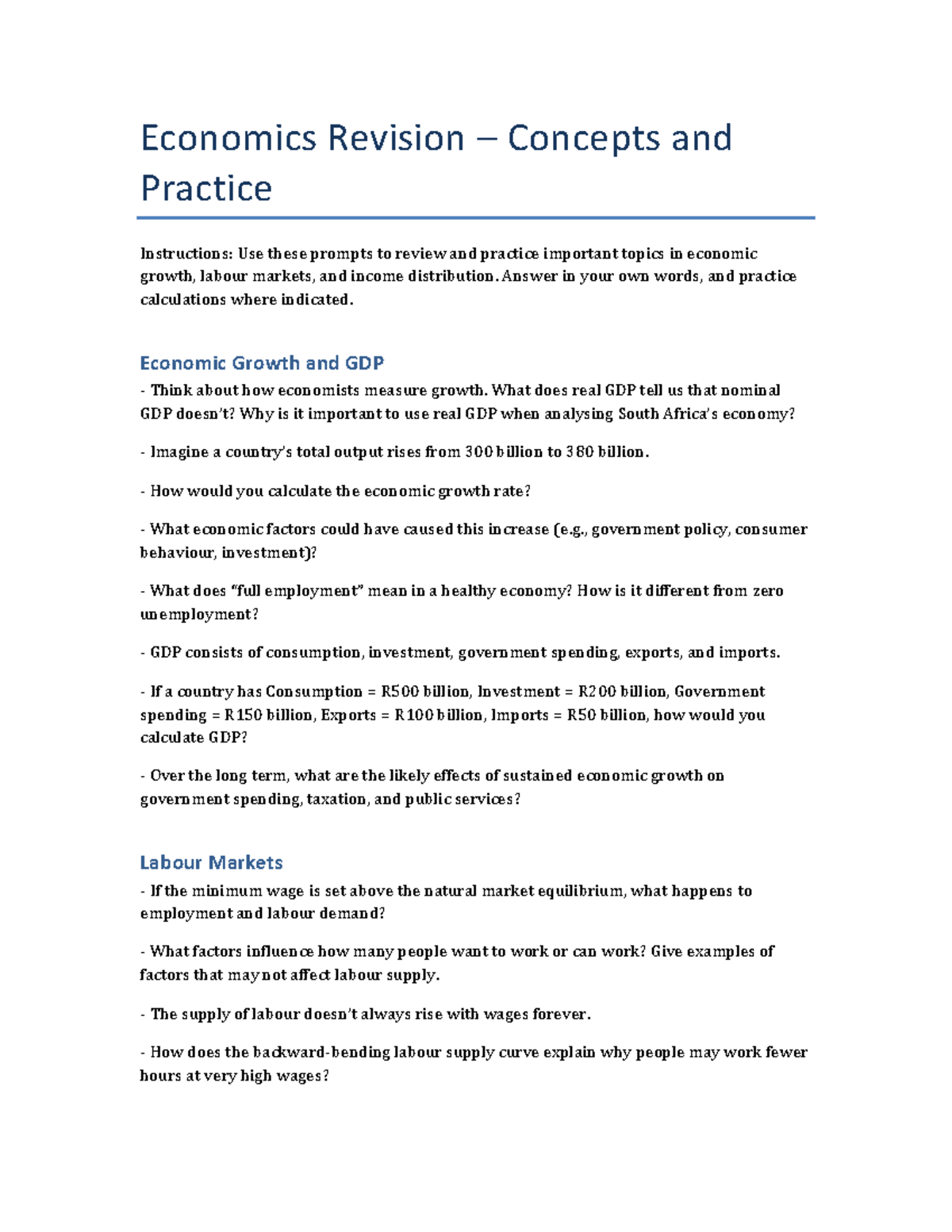 Economics Revision Notes: Growth, Labour, & Income Dist. Concepts - Studocu