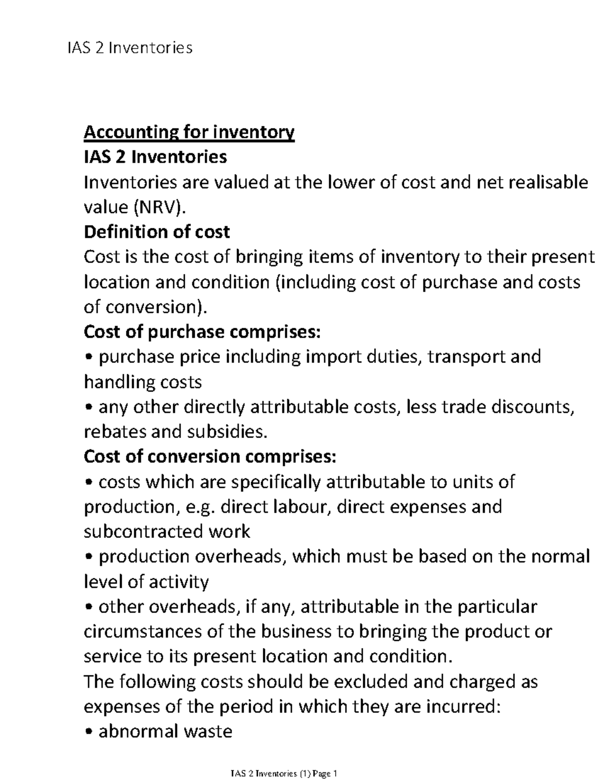 IAS 2 Inventories - Lecture Notes on Accounting for Inventory - Studocu