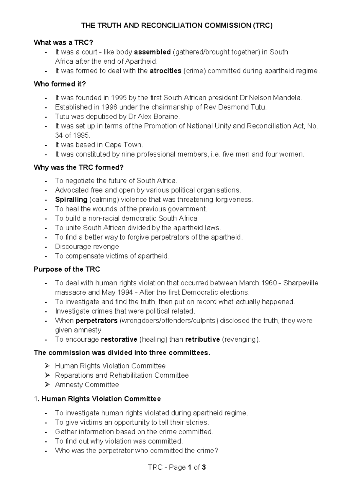 Final Exam Notes on the Truth and Reconciliation Commission (TRC) - Studocu
