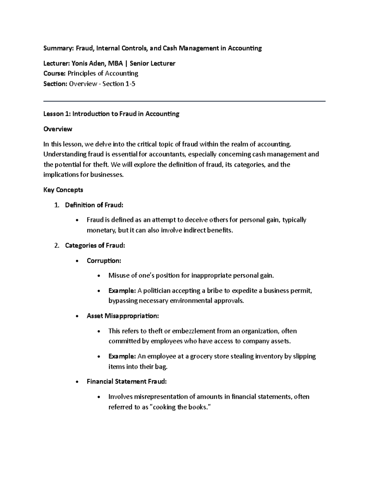 Fraud and Cash Management: Internal Controls in Accounting (ACCT 101 ...