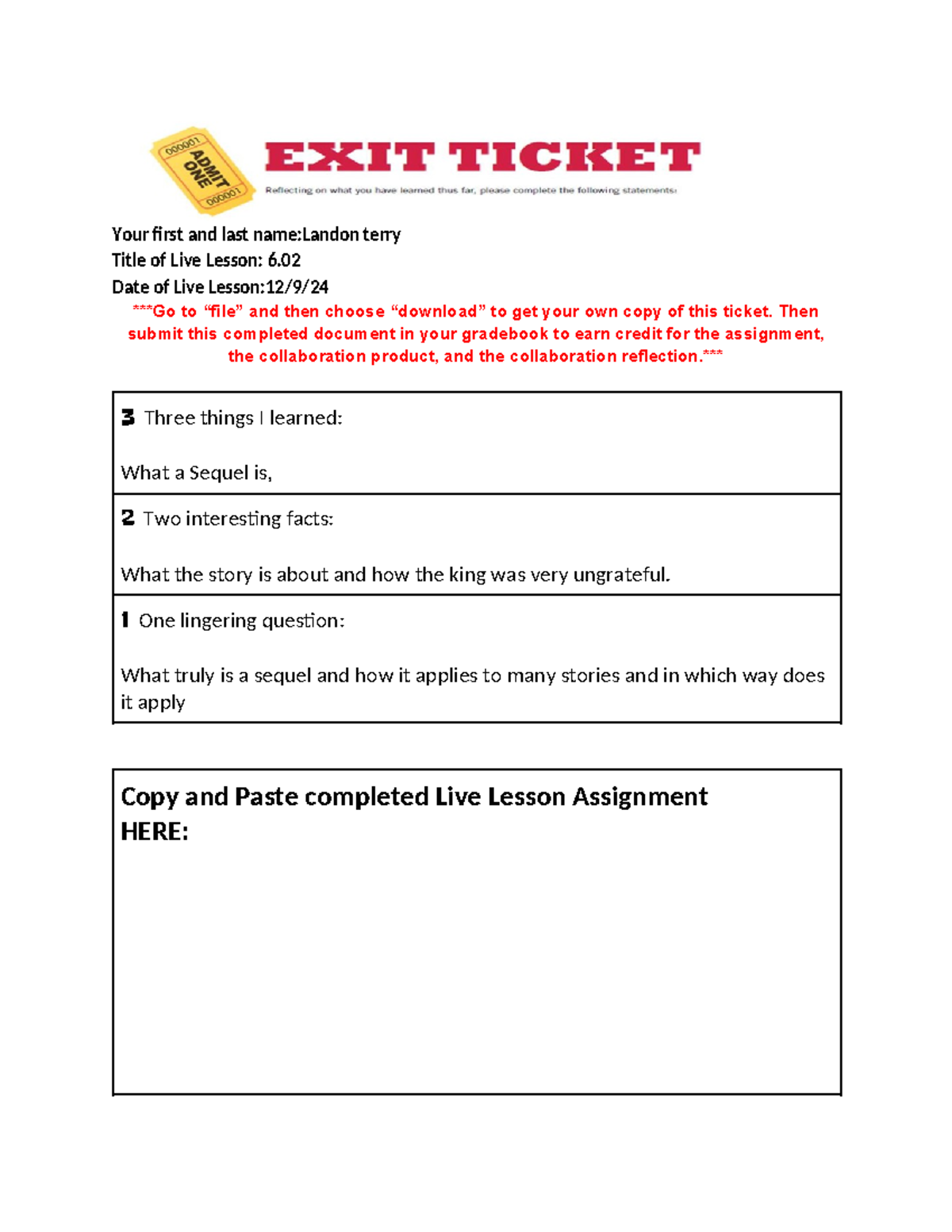 Copy of Copy of English II Live Lesson Exit Ticket - Your first and ...