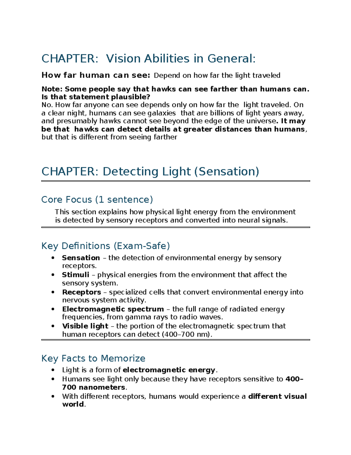 CHAPTER: Exam Control Sheet for Detecting Light (Sensation) - Studocu