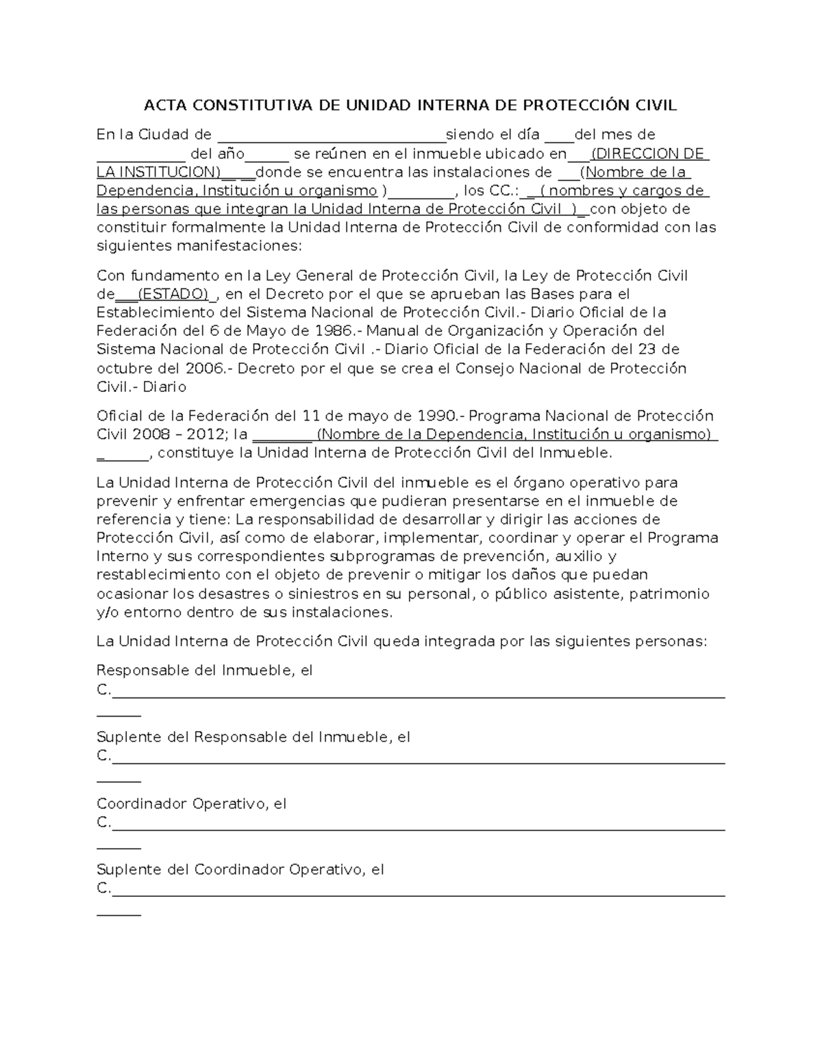 ACTA CONSTITUTIVA DE PROTECCIÓN CIVIL - UNIDAD INTERNA - Studocu