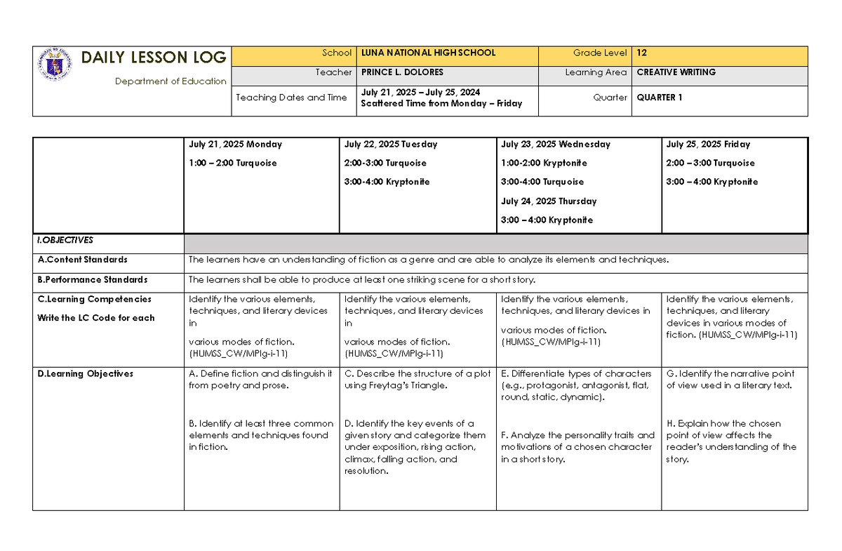 DAILY LESSON LOG: Creative Writing (Quarter 1) - Week 6 - Studocu