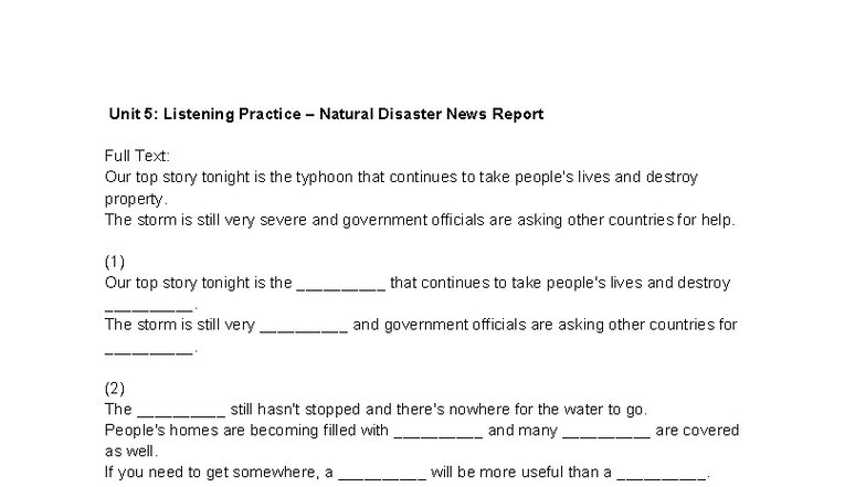 Unit 5: Listening Practice on Natural Disasters (TN3 PT2) - Studocu