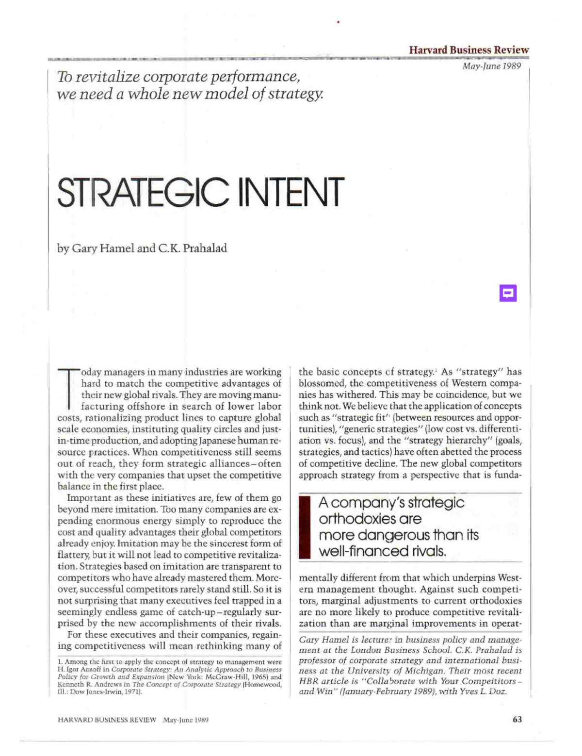 Strategic Intent: Revitalizing Corporate Performance - HBR 1989 Review ...