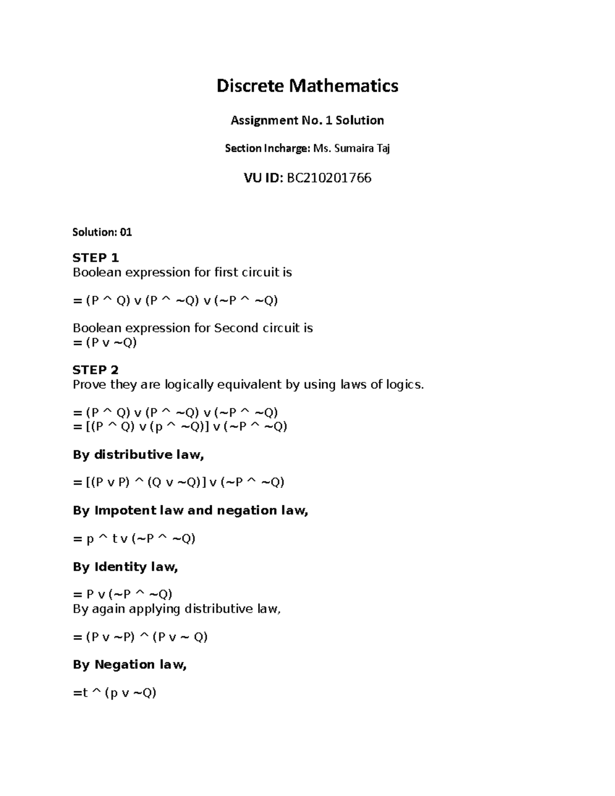 MTH 202 Assignment 1 Solutions by Sumaira Taj: Discrete Mathematics - Studocu