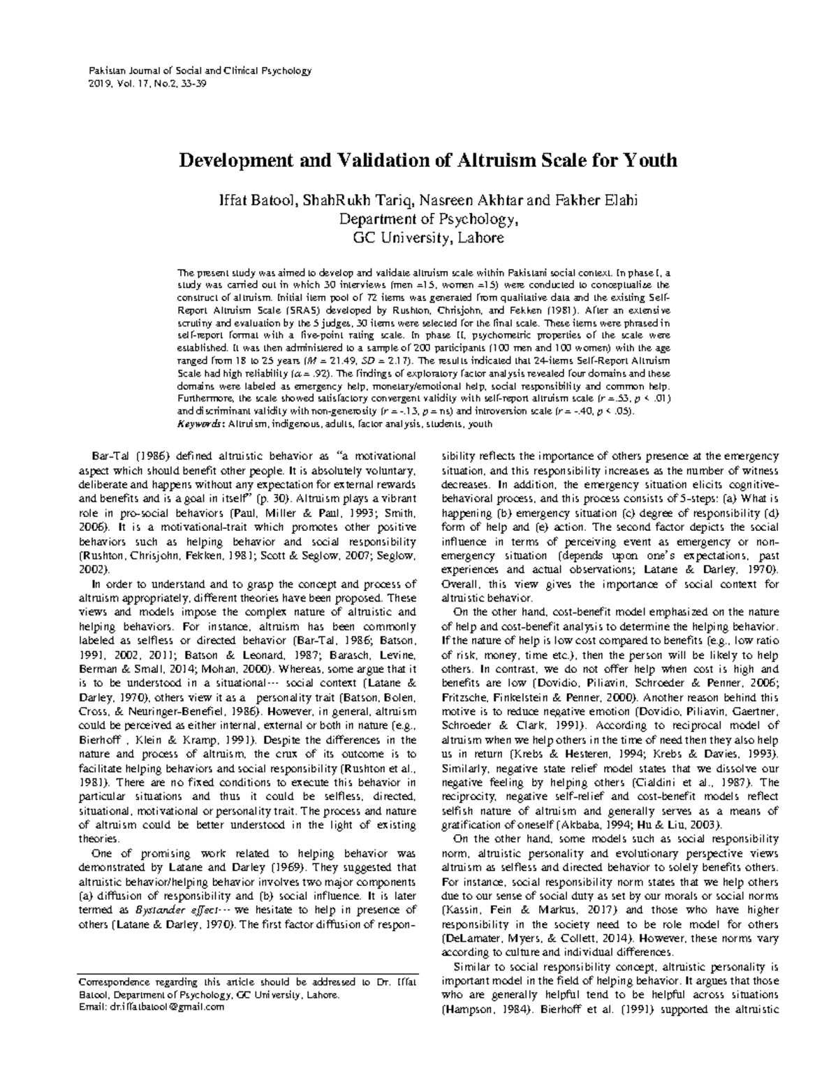 Development and Validation of Altruism Scale for Youth (PSY 2019) - Studocu