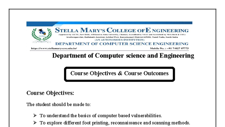 CSE Course Objectives & Outcomes: Ethical Hacking Fundamentals - Studocu
