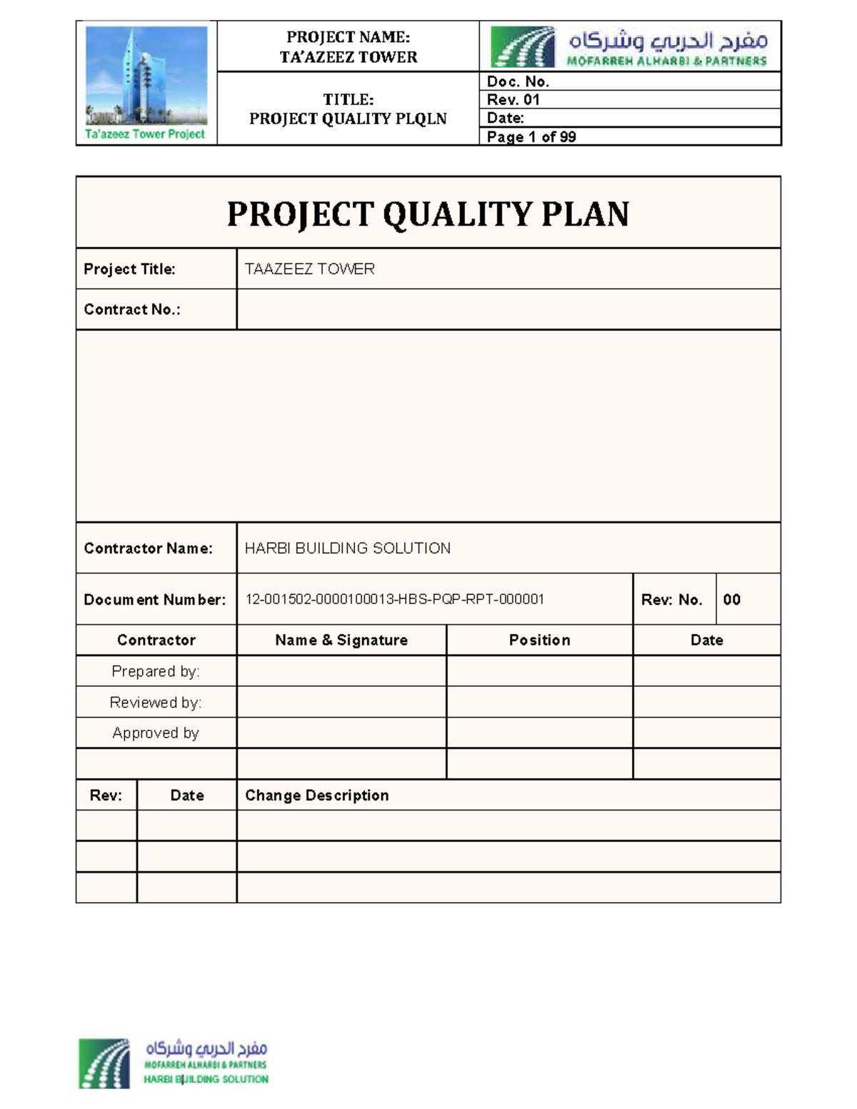 TAAZEEZ TOWER Project Quality Plan (PQP) - Rev. 01 - Studocu