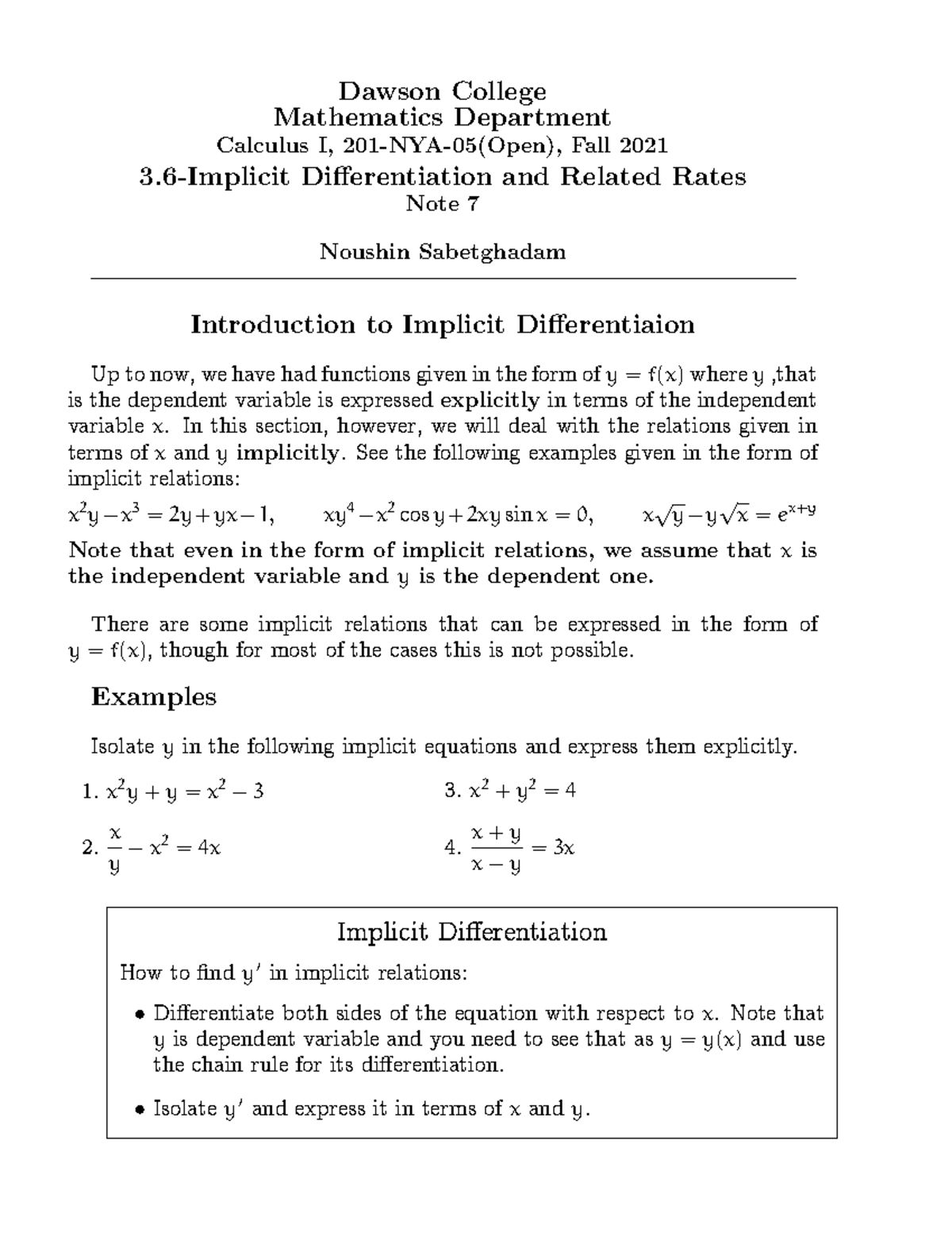 Dawson College MATH 201 Calculus I, Fall 2021 Implicit Differentiation ...