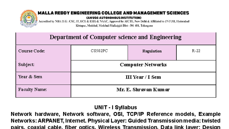 CS502PC: Computer Networks Unit I Comprehensive Notes - Studocu