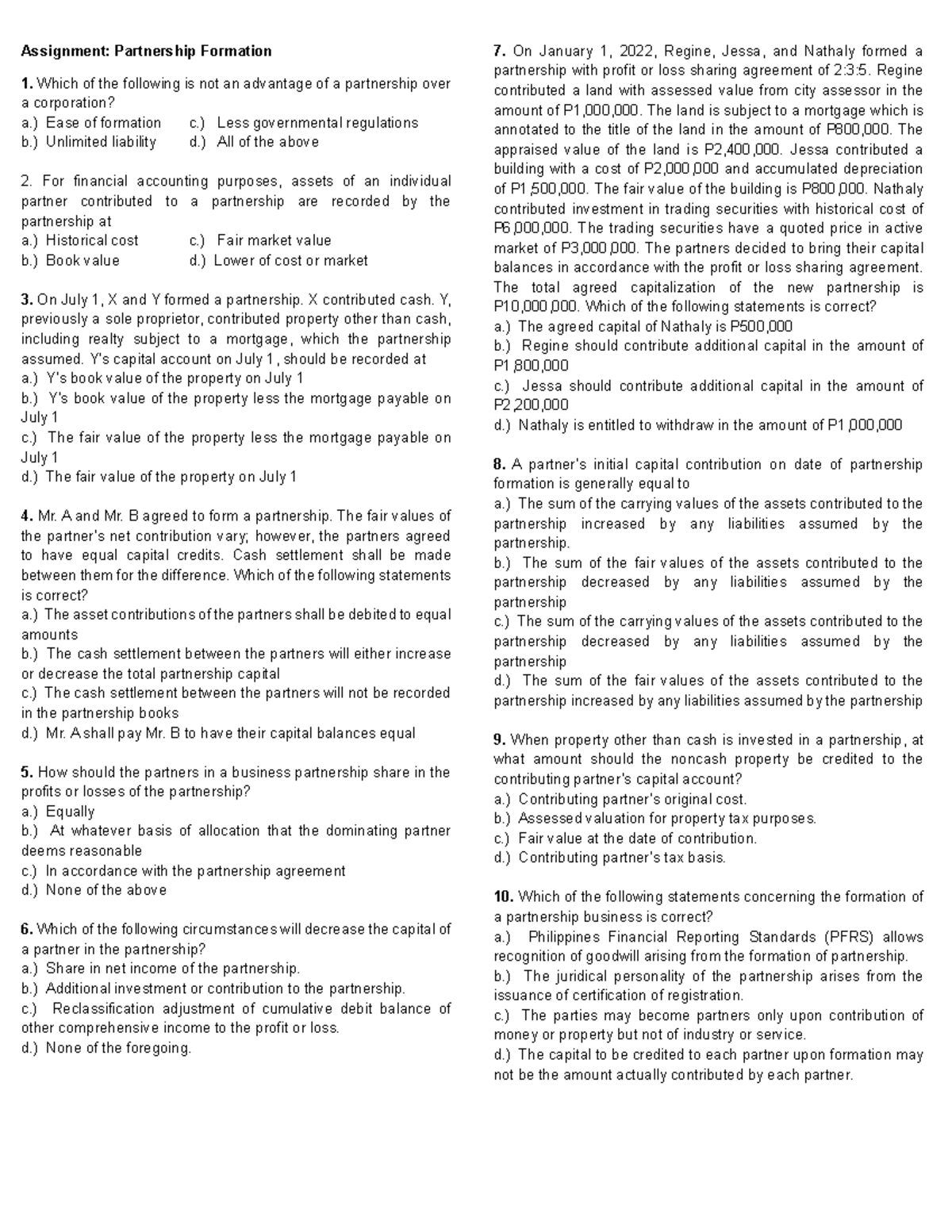 Partnership Formation: Key Concepts and Exam Questions - Studocu
