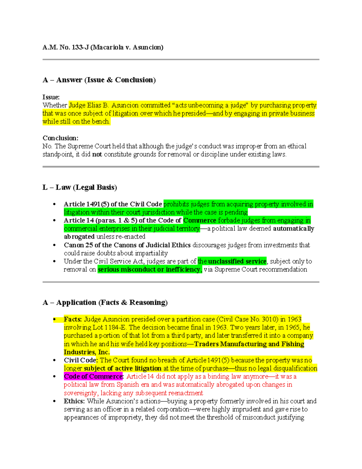 A.M. No. 133 J Case Study: Macariola v. Asuncion Analysis - Studocu