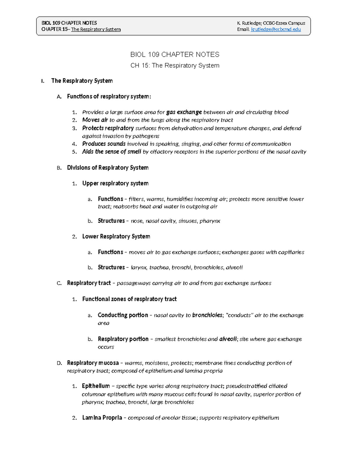 BIOL 109 CHAPTER NOTES: In-depth Study of Chapter 15 - The Respiratory ...