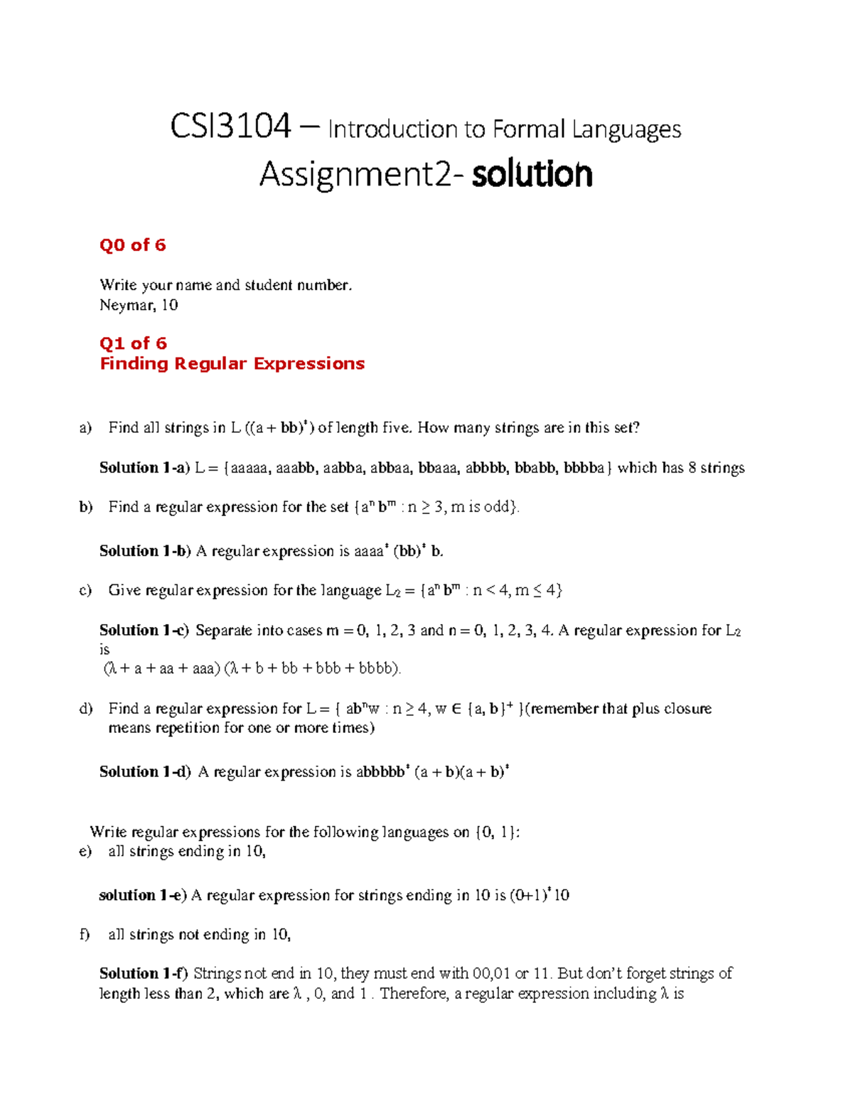 CSI3104 Assignment 2 Solutions: Regular Expressions & Languages - Studocu
