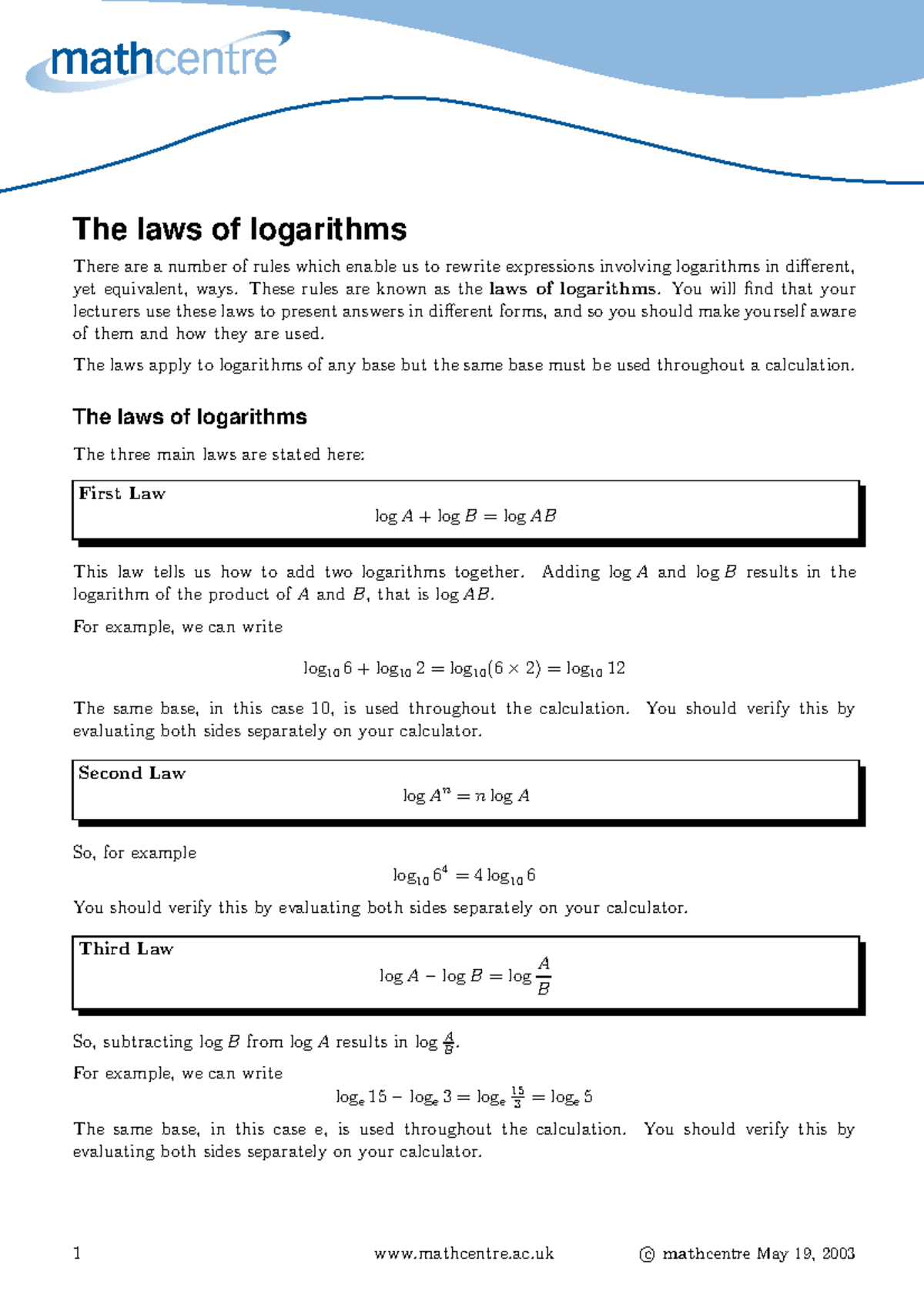 Logarithms: Laws and Applications - Worksheet - Studocu