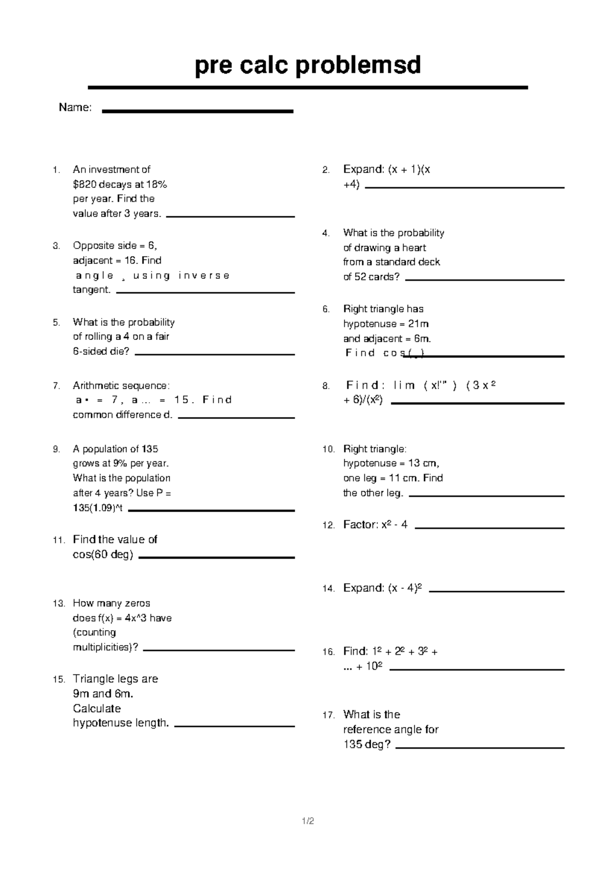 Pre Calc Problems: Practice Questions and Solutions - Studocu