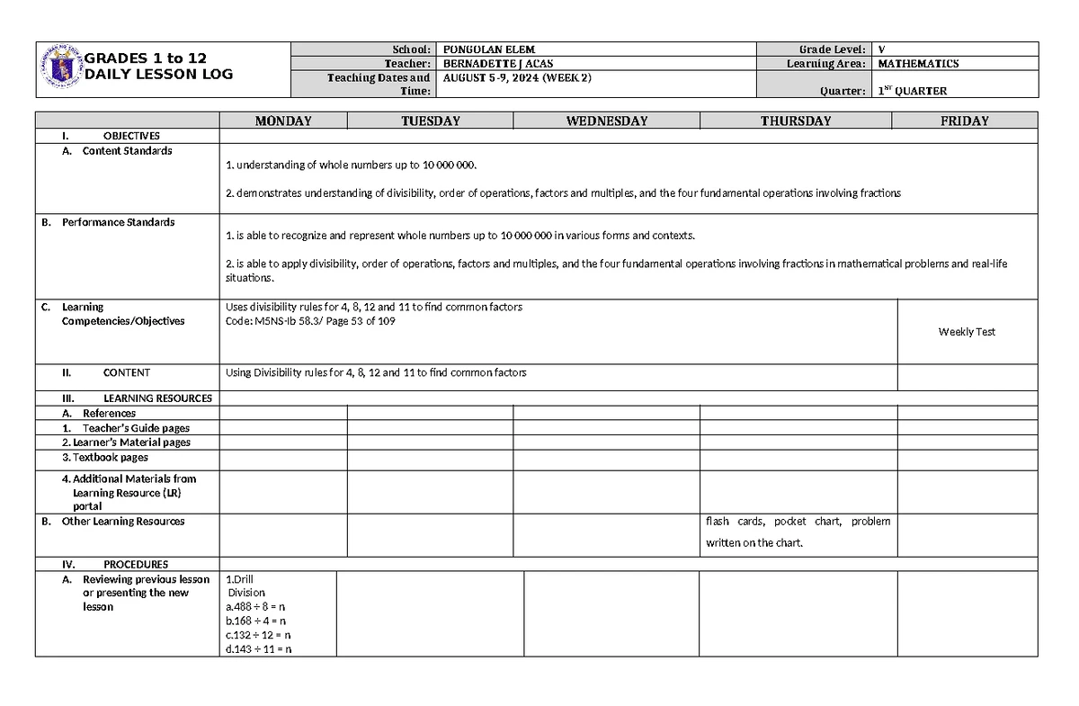 Grade 3 Math Lesson Plan: Understanding Fractions (Week 2, Day 1) - Studocu