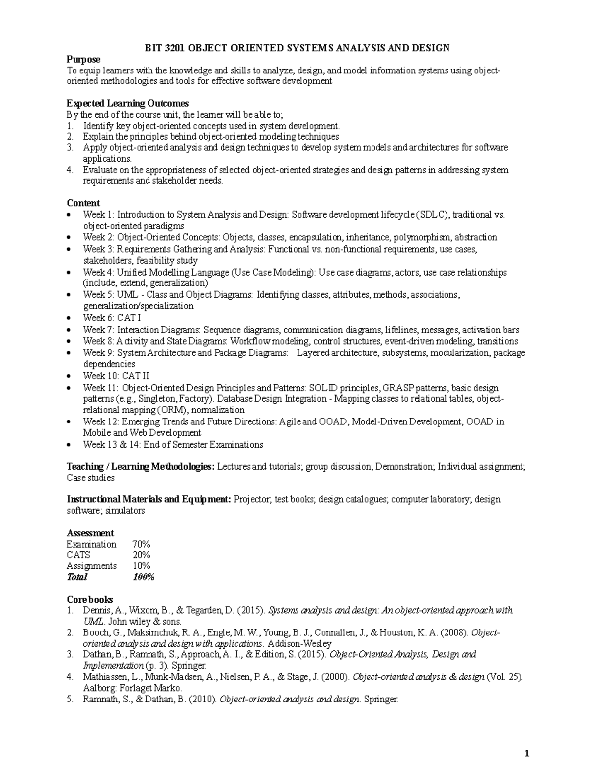BIT 3201 Object-Oriented Systems Analysis and Design: Course Overview and - Studocu