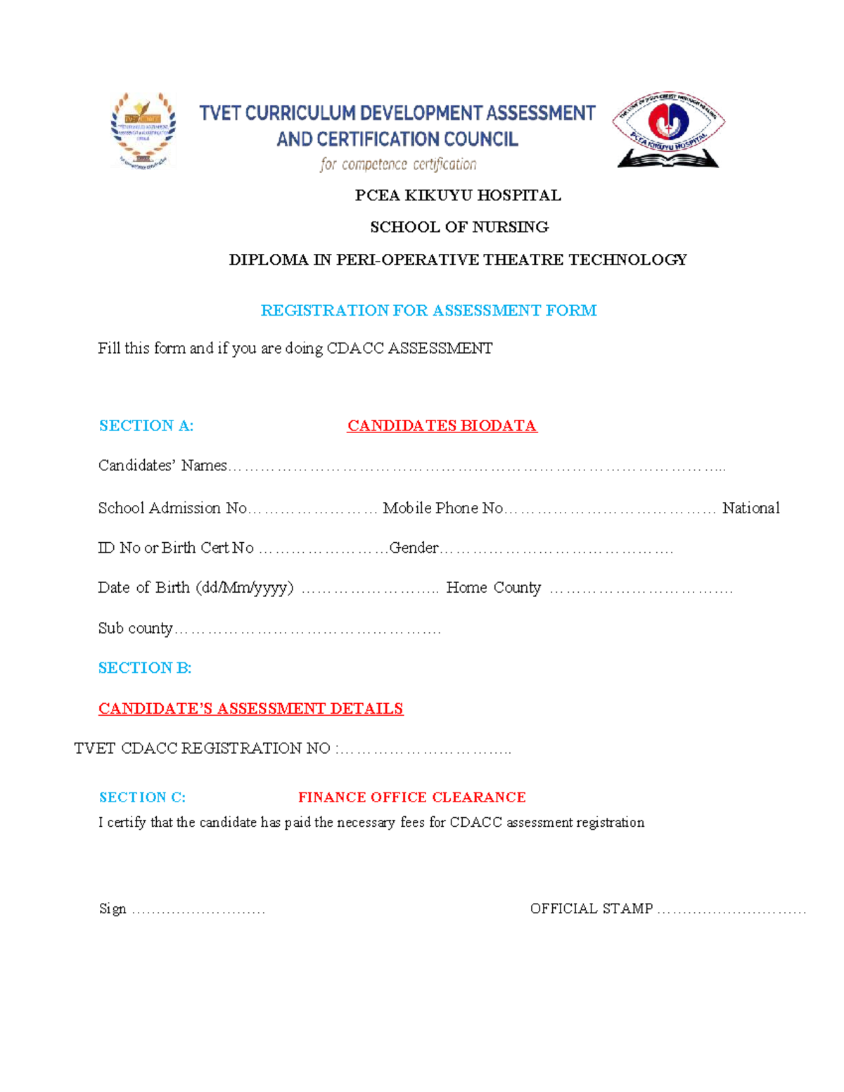 PCEA KIKUYU HOSPITAL NURSING CDACC Assessment Registration Form - Studocu