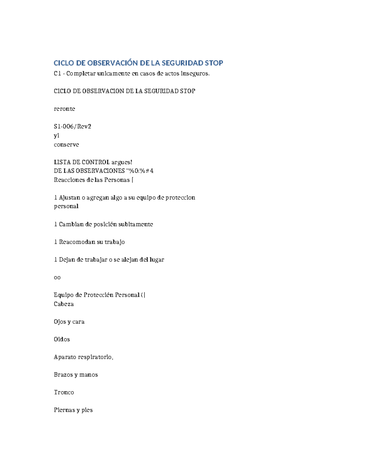 CICLO DE OBSERVACIÓN DE LA SEGURIDAD STOP C1: Lista de Control - Studocu