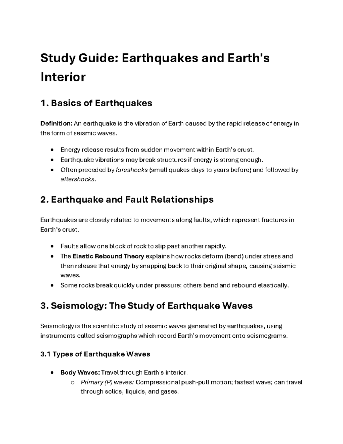 Detailed Study Guide: Earthquakes and Interior (Course Code: EART101 ...